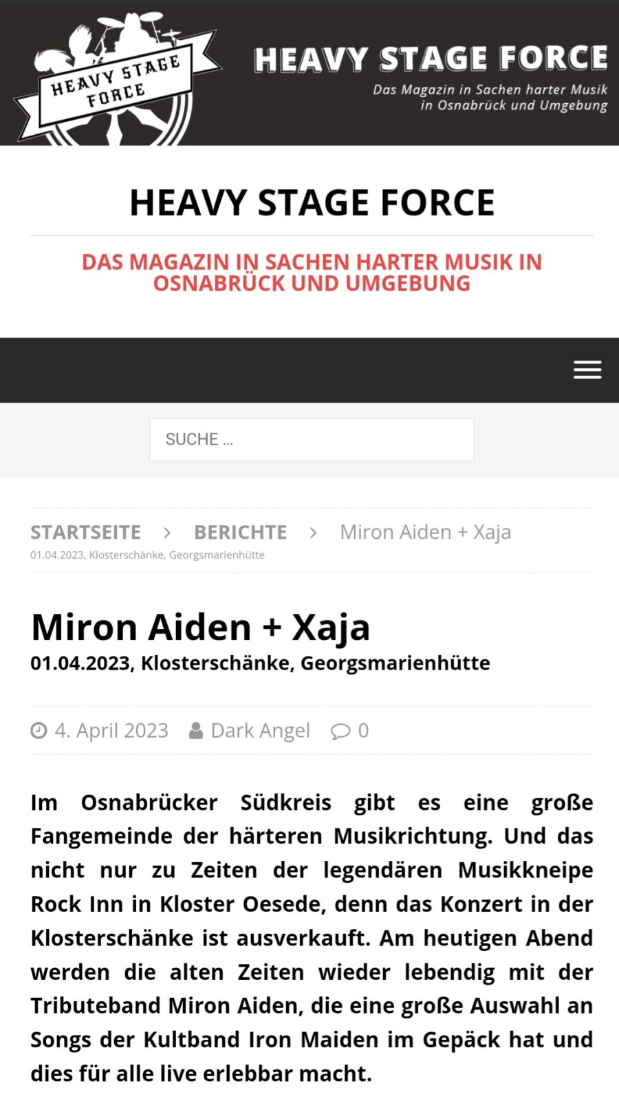 Review 01.04.2023 “HEAVY STAGE FORCE Magazin” MIRON AIDEN + XAJA | Klosterschänke